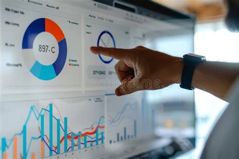 Close Up Of Hand Pointing To Analytics Dashboard On Computer Screen