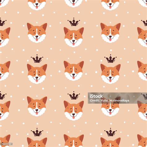 코르기 매끄러운 패턴 귀여운 개는 크라운얼굴 벡터 배경입니다 개에 대한 스톡 벡터 아트 및 기타 이미지 개 연속무늬 왕관 Istock