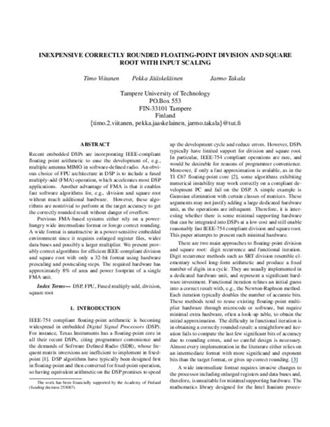 Pdf Inexpensive Correctly Rounded Floating Point Division And Square Root With Input Scaling
