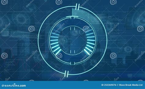 Animation Of Scope Scanning And Data Processing On Blue Background