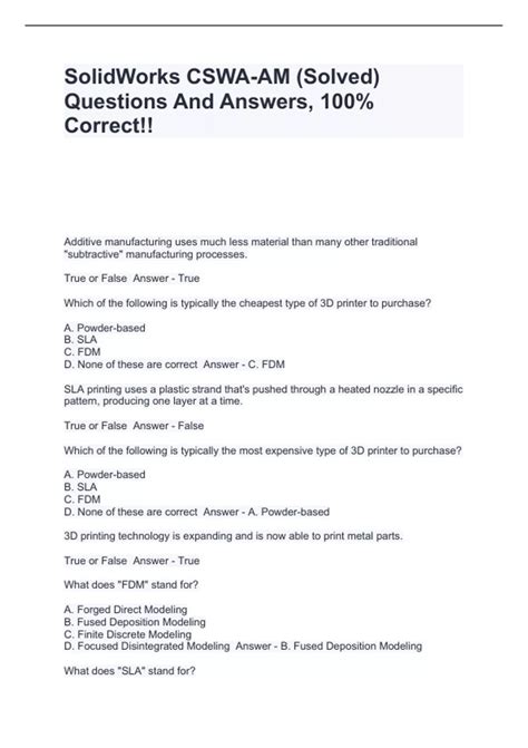 Solidworks Cswa Am Solved Questions And Answers 100 Correct Cswa Am Stuvia Us