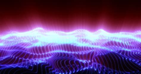 입자 점과 줄무늬 선에서 나오는 보라색 에너지 파동이 미래적으로 아름답게 빛나고 일출 광선이 빛납니다 추상적 인 배경 개념에 대한 스톡 사진 및 기타 이미지 Istock