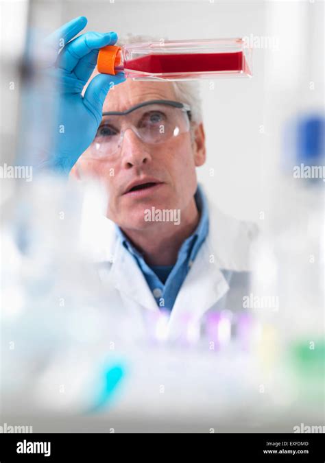 Close Up Of Cell Biologist Holding A Flask Containing Stem Cells Stock