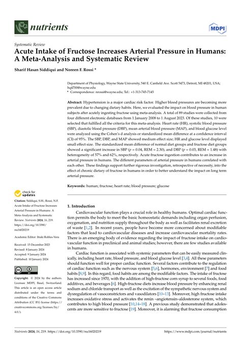 Pdf Acute Intake Of Fructose Increases Arterial Pressure In Humans A