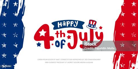 7월 4일 스타와 함께 한 무성한 핸드 레터링 디자인 레드와 블루 그런지에 미국 모자 리본 빈티지 브러시 스트로크 별이 있는