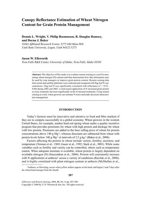 Pdf Canopy Reflectance Estimation Of Wheat Nitrogen Content For Grain
