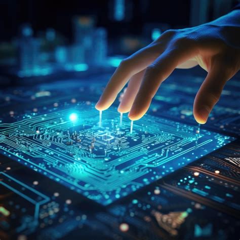 Ai Circuit Board In Electronics A Man Touches With His Hand An