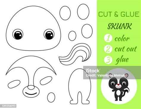 색칠 공부 는 아기 스컹크를 잘라 접착제 유치원 어린이를위한 교육 종이 게임 워크시트를 잘라내고 붙여넣습니다 종이에 색상 절단 부품 및 접착제 만화 캐릭터 벡터 스톡