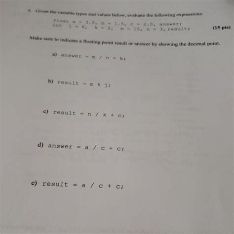 Solved Given The Variable Types And Values Below Chegg