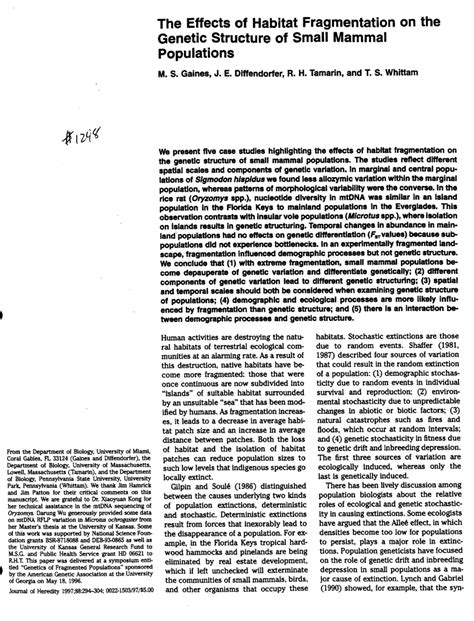 Pdf The Effects Of Habitat Fragmentation On The Genetic Structure Of Small Mammal Populations