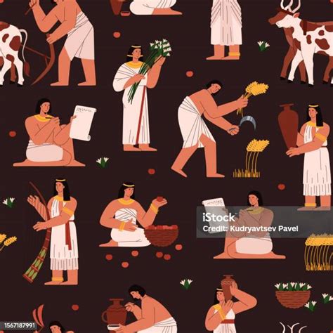 고대 이집트 사회 캐릭터 이집트 문화 전통 농업 농업 교육 및 예술과의 원활한 패턴 고대 문명에 대한 스톡 벡터 아트 및 기타 이미지 Istock