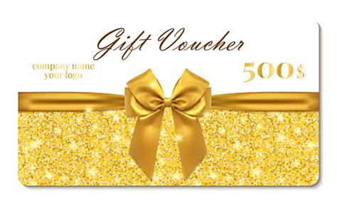 빈 선물 카드 와 호화스러운 장식적인 공단 금색 리본 활 반짝임 그리고 백색 배경에 고립된 텍스트 선물 바우처 카드 인증서 쿠폰에 대한 현실적인 벡터 템플릿 공단에 대한