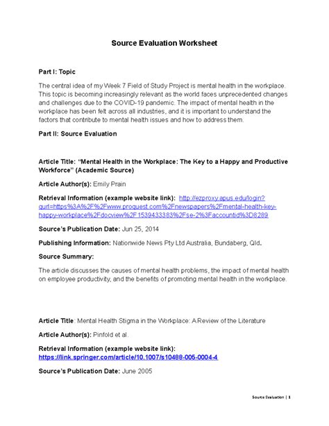 Source Evaluation Worksheet Mental Health In The Workplace Source