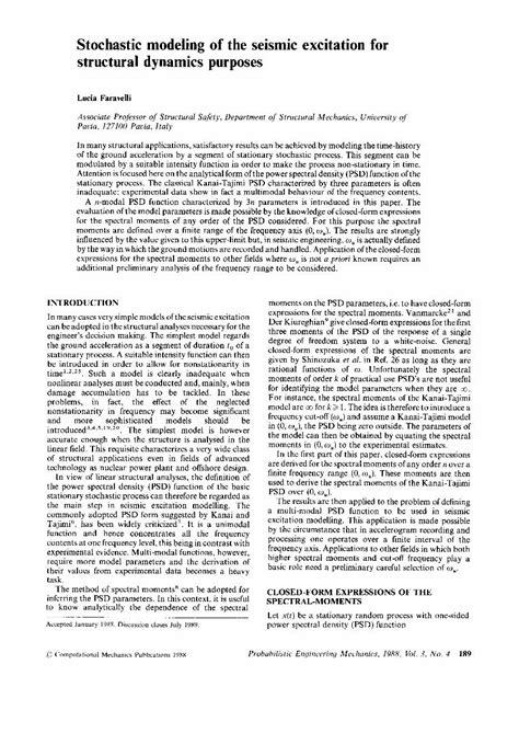 Pdf Stochastic Modeling Of The Seismic Excitation For Structural