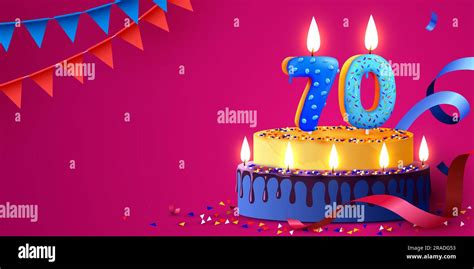 70 Years Anniversary Cake With Burning Candles And Confetti Birthday Banner Vector