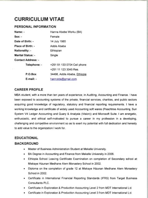 Cv Hanna Abebe Finance Accounting Pdf