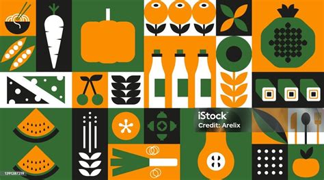 음식 기하학적 모자이크 배경 천연 유기농 야채 과일 패턴 간단한 스위스 바우 하우스 스타일 벡터 일러스트 레이 션 0명에 대한