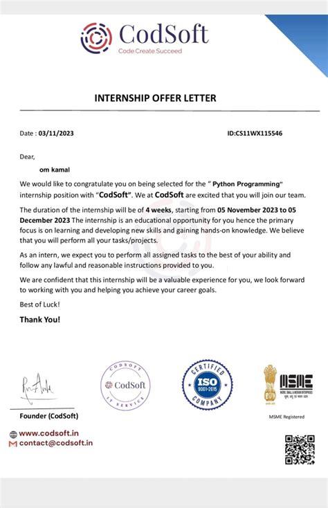 got an internship from codsoft for python programming om kamal posted