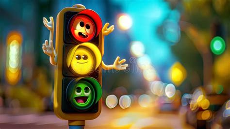 Animated Traffic Light With Happy Faces On City Street At Night