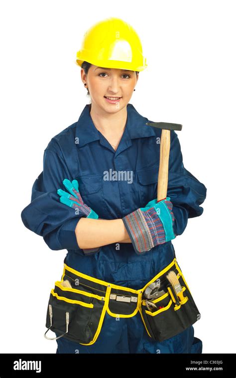 Smiling Constructor Worker Woman Holding Hammer Isolated On White