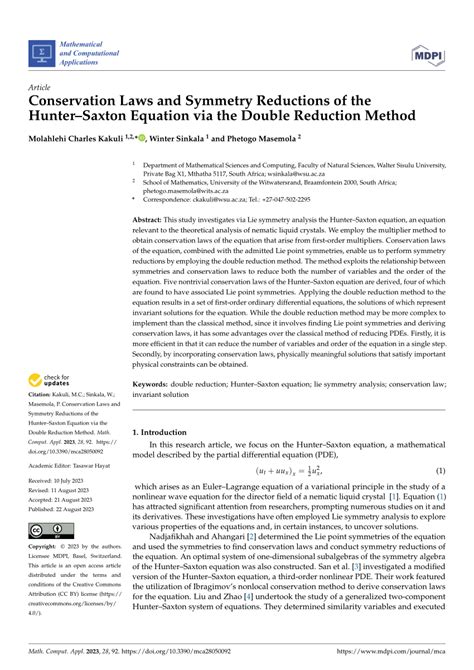 Pdf Conservation Laws And Symmetry Reductions Of The Hunter Saxton
