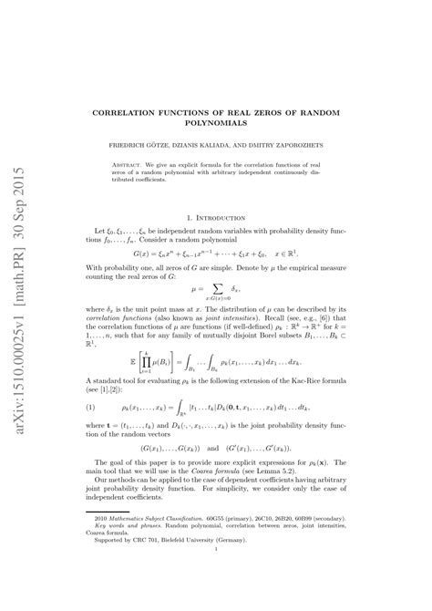 Pdf Correlation Functions Of Real Zeros Of Random Polynomials