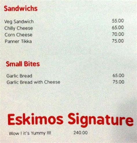 Menu At Eskimos Restaurant Coimbatore