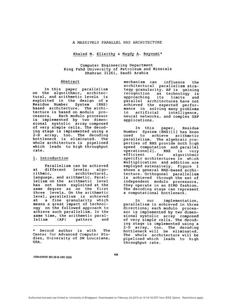 Pdf A Massively Parallel Rns Architecture