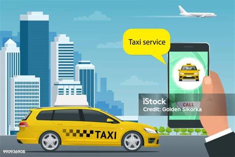 온라인 택시 서비스 개념입니다 남자는 그의 휴대 전화에서 택시를 주문 한다 화면에 택시 서비스 응용 프로그램입니다 벡터 비즈니스 카드 템플릿입니다 택시에 대한 스톡 벡터
