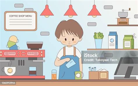 귀여운 바리스타 소년 캐릭터 만들기 커피 일러스트 커피 분쇄기 커피 머신 주전자 커피 숍의 내부에 파트 타임 웨이터 음료 와 아침 식사 카페 배경 벡터 카페 개체 그룹에