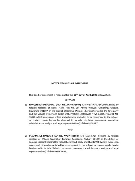 Motor Vehicle Sale Agreement Template Pdf Indemnity Common Law