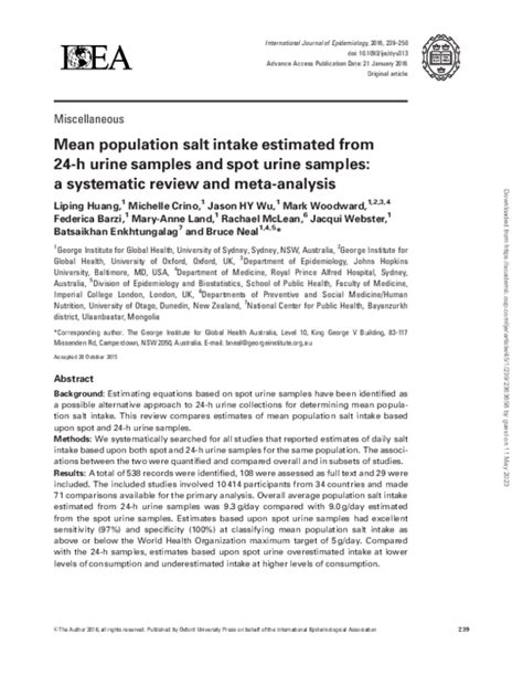 Pdf Mean Population Salt Intake Estimated From 24 H Urine Samples And