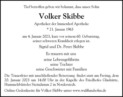 Traueranzeigen Von Volker Skibbe Hamburgertrauerde