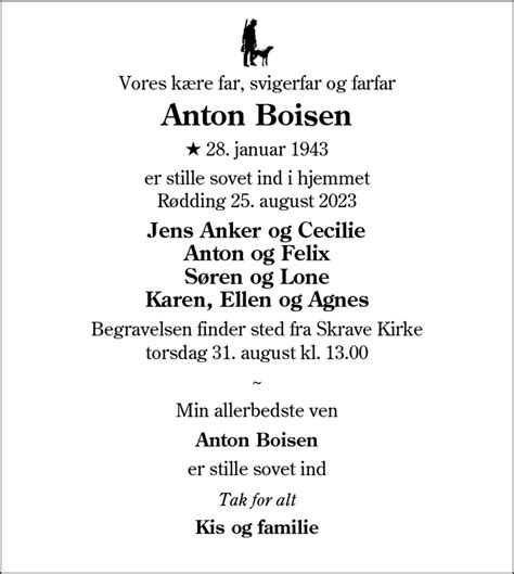 Dødsannonce Anton Boisen Rødding Dødsannoncerdk