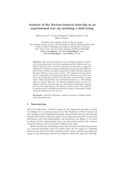 Pdf Analysis Of Dry Friction Induced Stick Slip In An Experimental