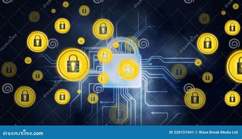 composition of floating yellow padlock icons over glowing white padlock
