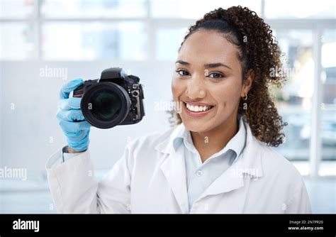 Camera Medical And Portrait Of Black Woman In Forensics Laboratory For Investigation Crime