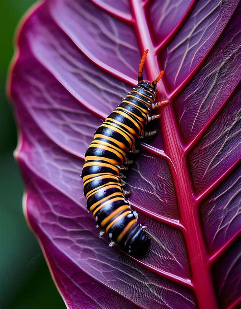 Caterpillar On Purple Leaf Background Wallpaper Image For Free Download