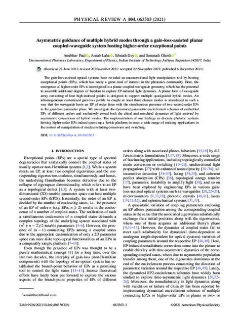 Pdf Asymmetric Guidance Of Multiple Hybrid Modes Through A Gain Loss