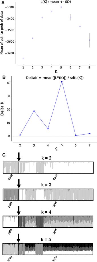 a plot of lnp k for values of k from 1 to 8 generated by structure