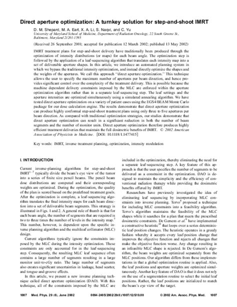 Pdf Direct Aperture Optimization A Turnkey Solution For Step And Shoot Imrt