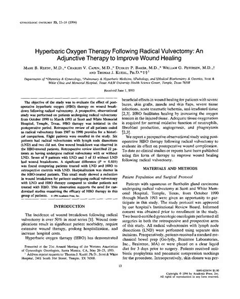 Pdf Hyperbaric Oxygen Therapy Following Radical Vulvectomy An Adjunctive Therapy To Improve