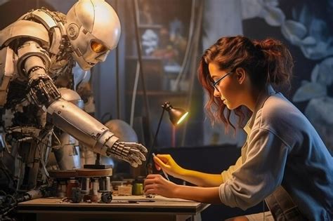 Premium Photo A Female Programmer Discusses Project Details With A Humanoid Robot