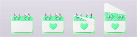 하트 아이콘이 분리된 3d 녹색 달력입니다 매일 결혼식 이벤트 일정 플래너 발렌타인 데이 생일의 렌더링 생리 달력 조절 여성 주기 3d 만화 간단한 벡터 일러스트 레이 션
