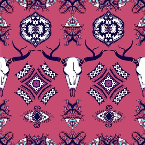 الگوی بدون درز بوهو با جمجمه بوفالو وحشی به سبک هنر تاتو حنا زیور آلات