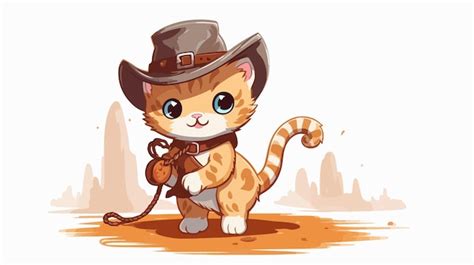 Happy Cartoon Rodeo Cat With Lasso 2d Flat Character Premium Ai