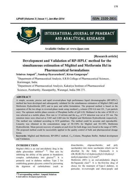 Development And Validation Of Rp Hplc Method For The Simultaneous Estimation Of Miglitol And