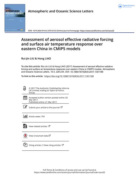 Pdf Assessment Of Aerosol Effective Radiative Forcing And Surface Air Temperature Response