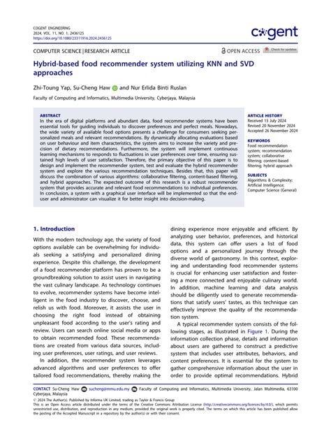 Pdf Hybrid Based Food Recommender System Utilizing Knn And Svd Approaches