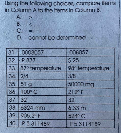 solved using the following choices compare items in column a to the